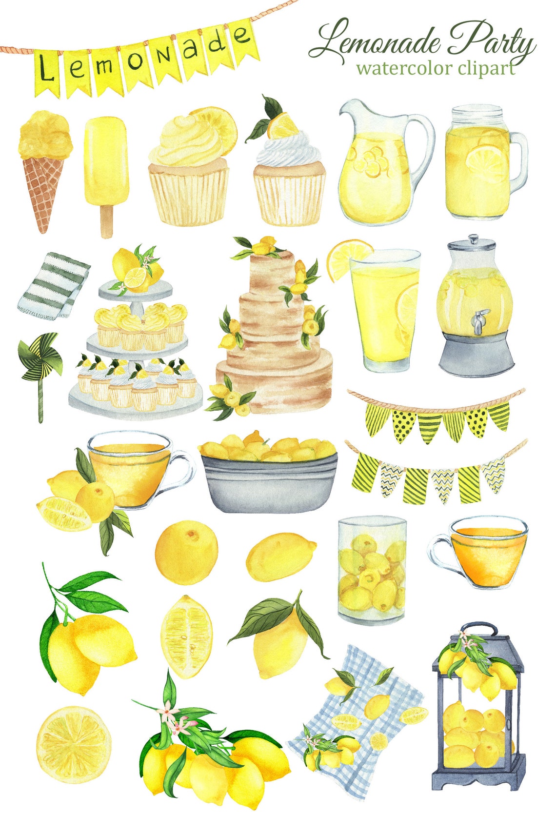 Lemonade Party Watercolor Clipart Citrus Summer Clip Art - Etsy
