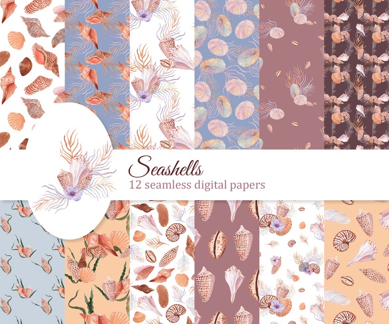 Seashells Digital Papers Set, Ocean Seamless Pattern, Nautical ...