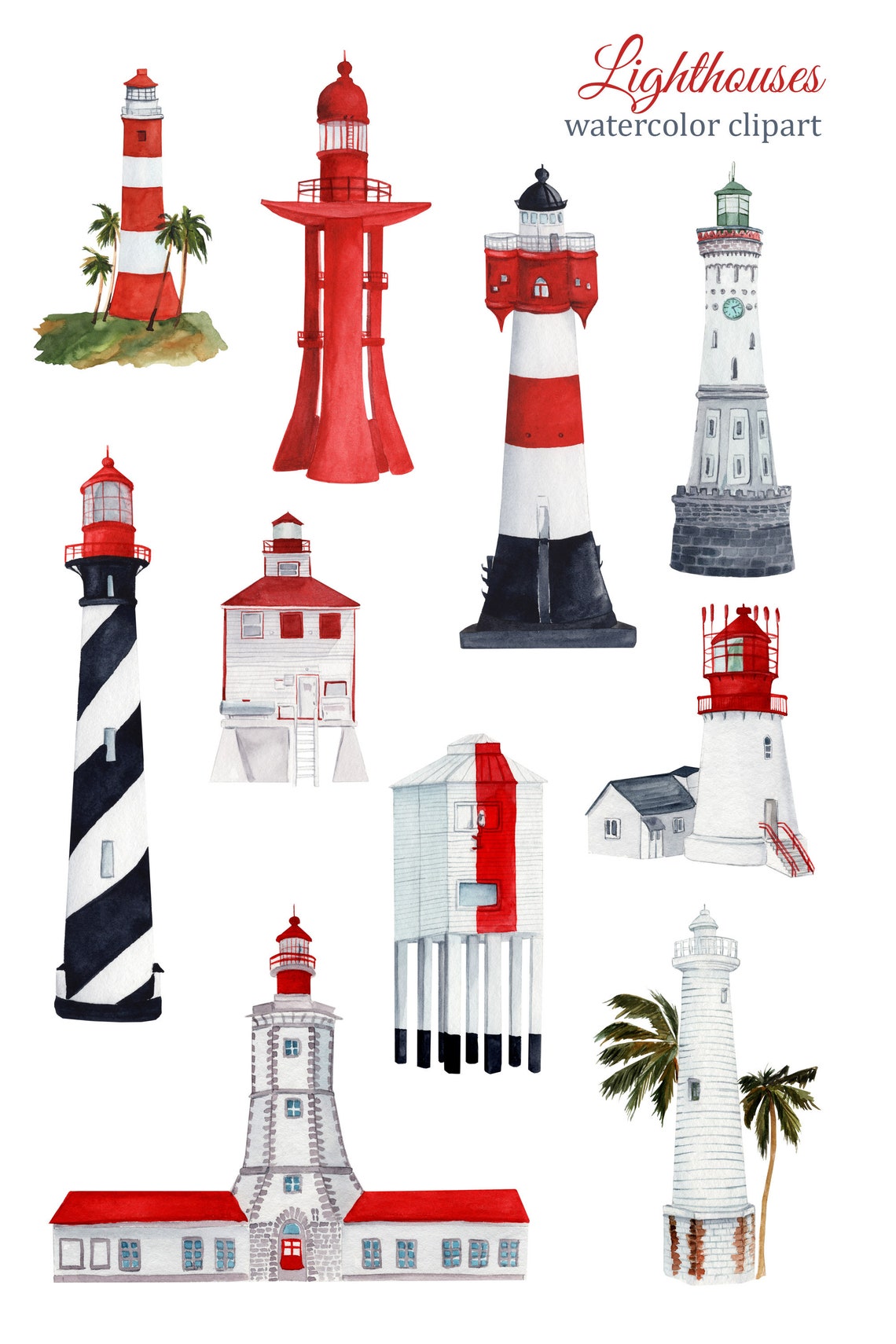Watercolor Lighthouses Clipart Lighthhouse PNG Summer Travel - Etsy