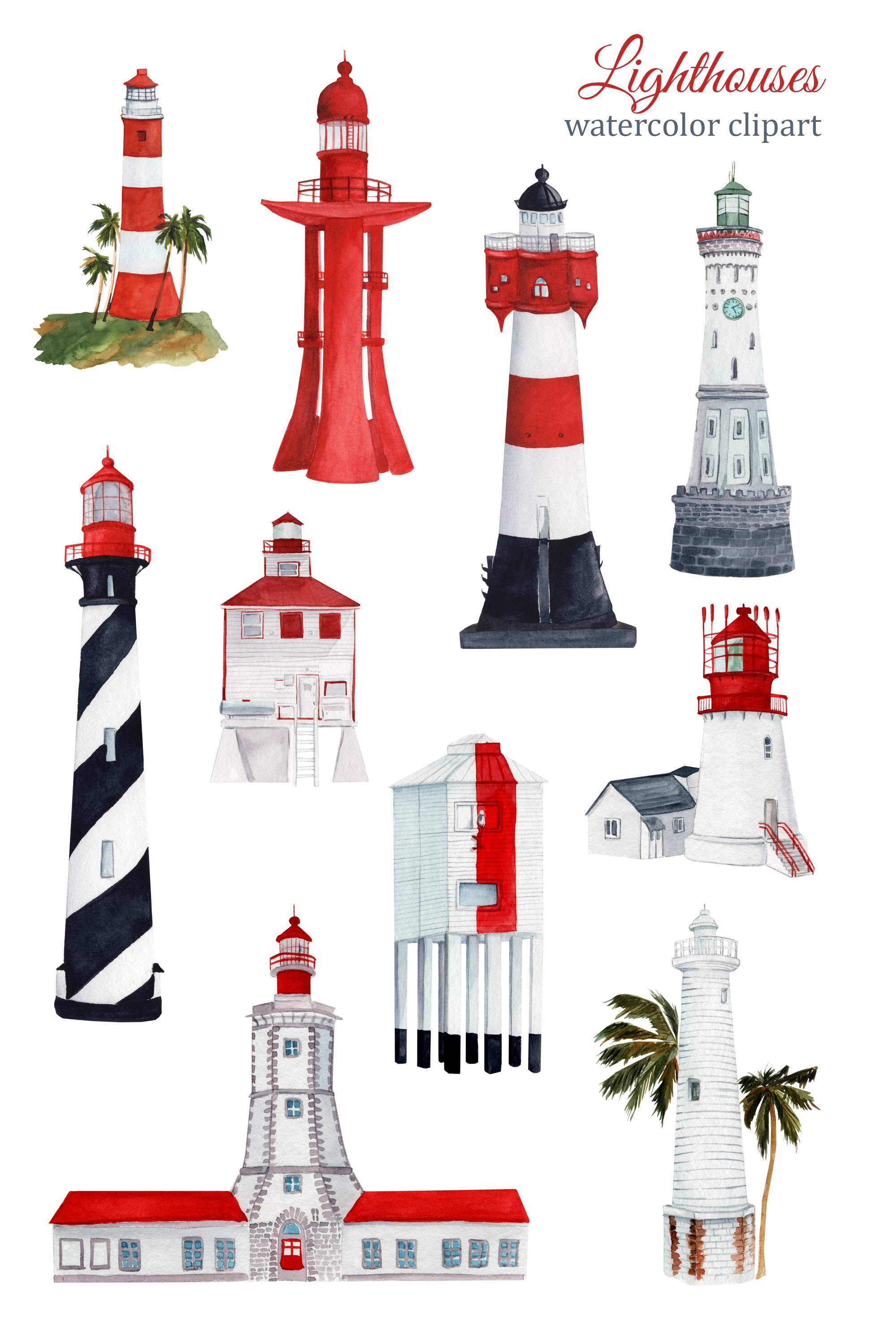 Watercolor Lighthouses Clipart Lighthhouse PNG Summer Travel - Etsy