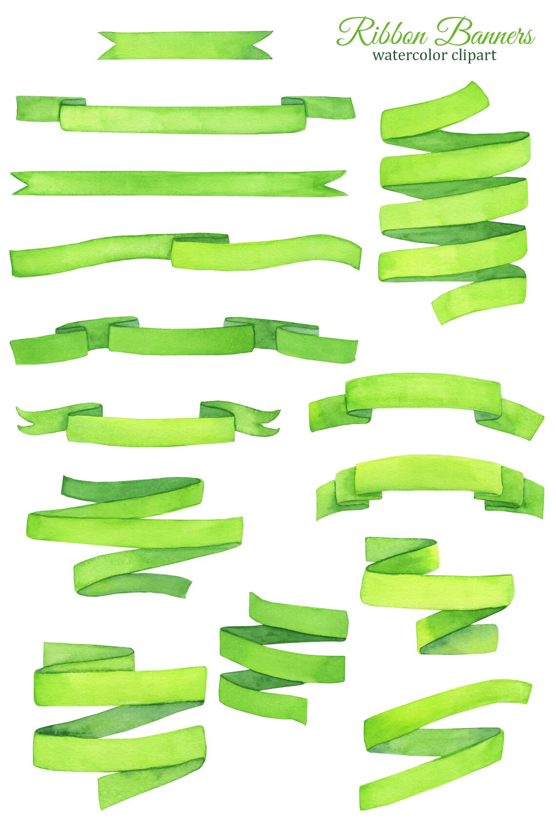 Green Ribbon Banners Watercolor Clipart, Ribbon PNG, Party Invitations ...