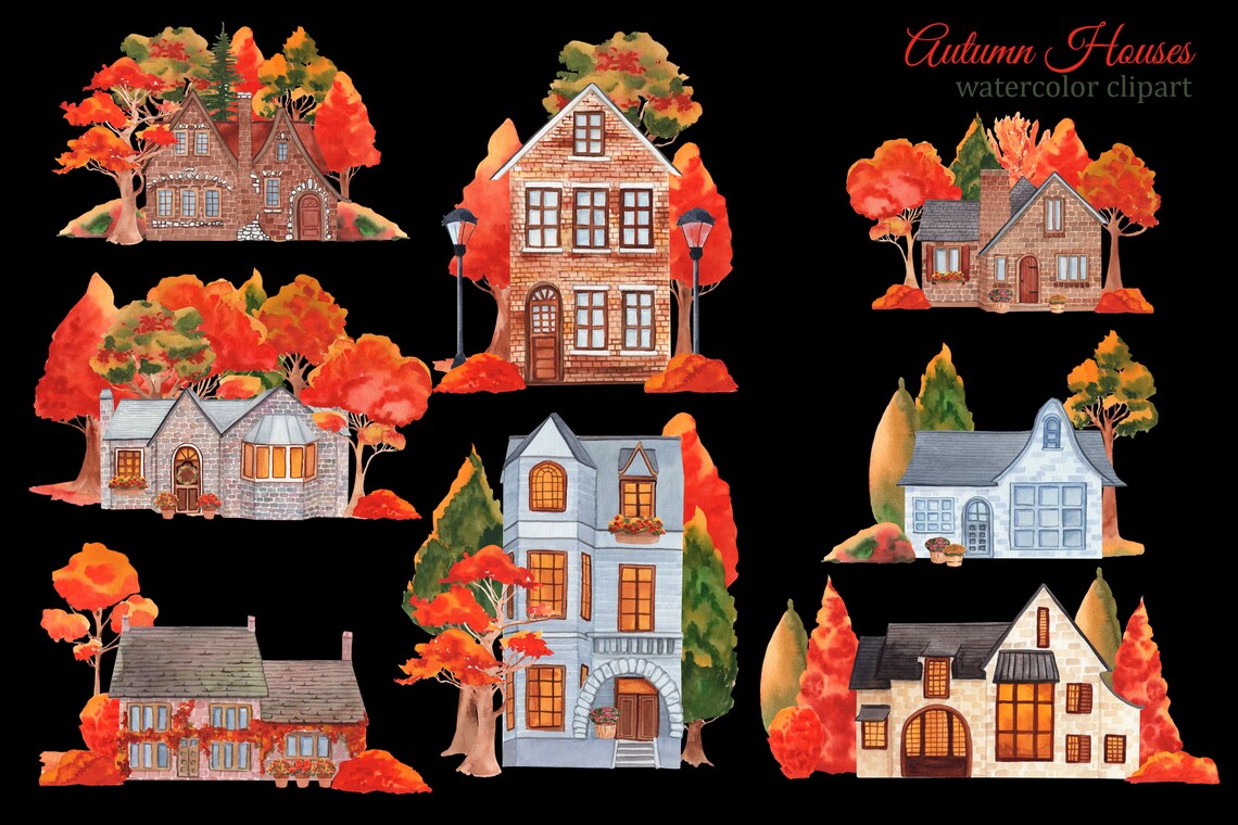 Watercolor Autumn Houses Clipart Fall Tree Clipart Fall - Etsy