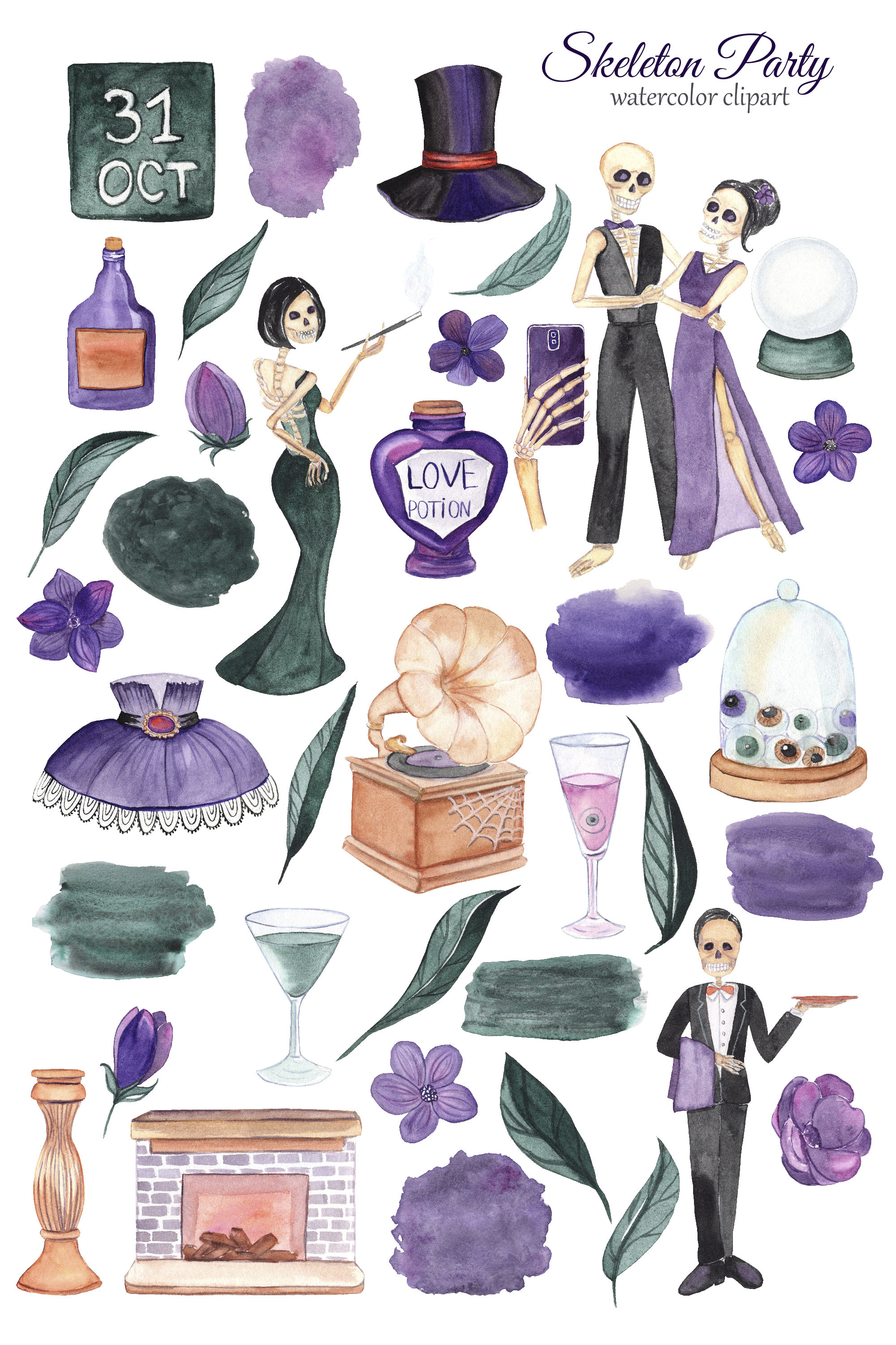 Skeleton Clipart. Halloween Party. Watercolor Skull Clipart. - Etsy