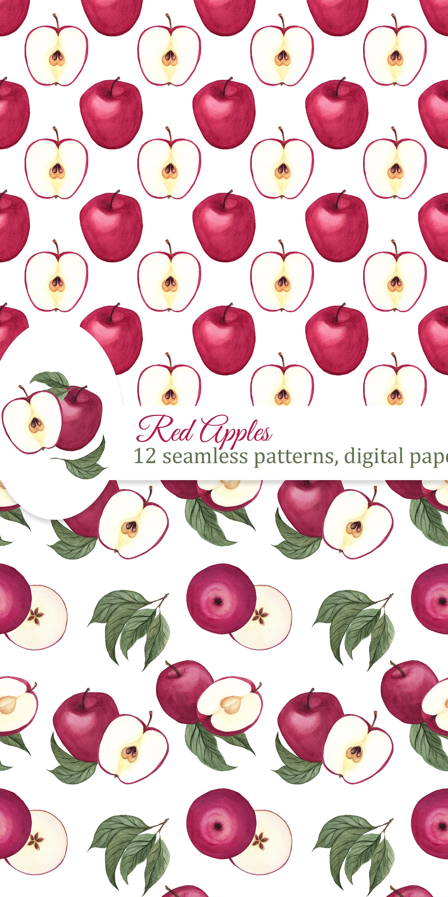 Red Apples Digital Paper Pack, Fall Seamless Pattern, Autumn Scrapbook ...
