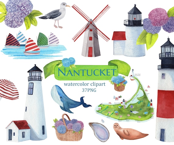 Nantucket Island Watercolor Clipart Map Poster Lighthouse - Etsy