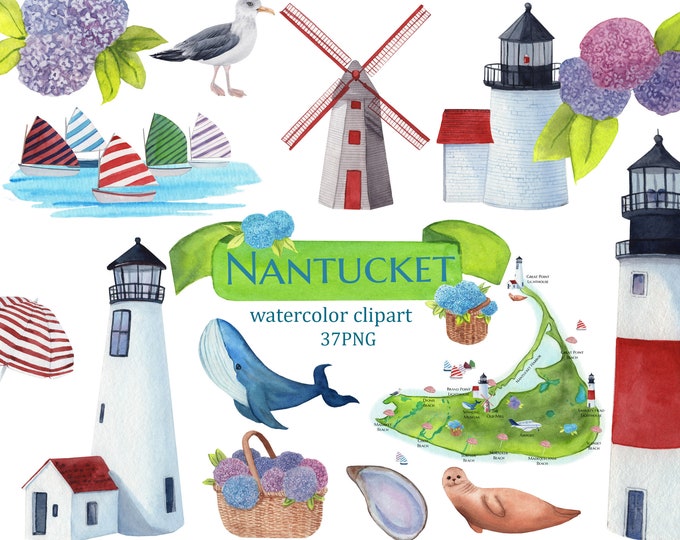 Nantucket Icons Square Watercolor Print - Etsy