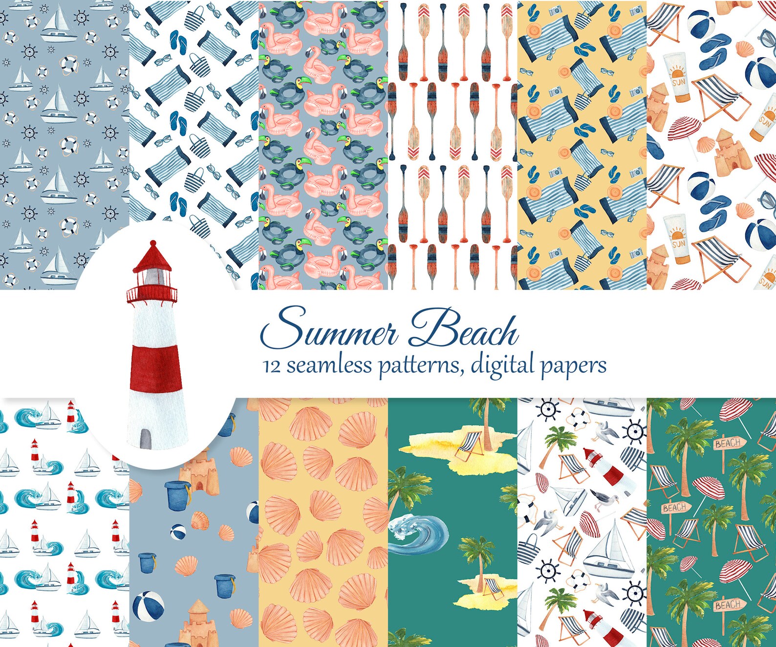 Beach Digital Paper Kit Summer Seamless Patterns Nautical - Etsy