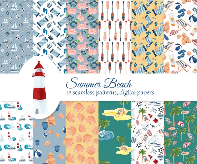 Beach Digital Paper Kit Summer Seamless Patterns Nautical - Etsy