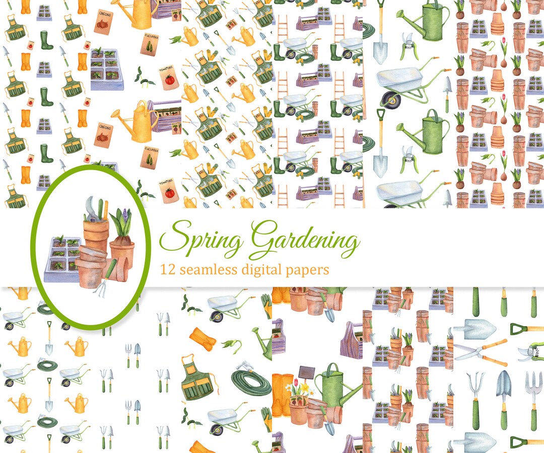 Spring Gardening Seamless Pattern Digital Papers Pack, Spring ...