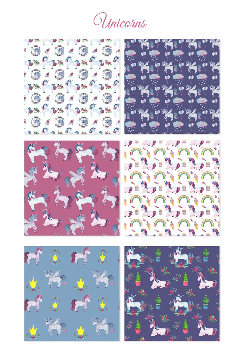 Unicorns Digital Papers Set, Seamless Pattern, Rainbow, Hearts, Stars ...