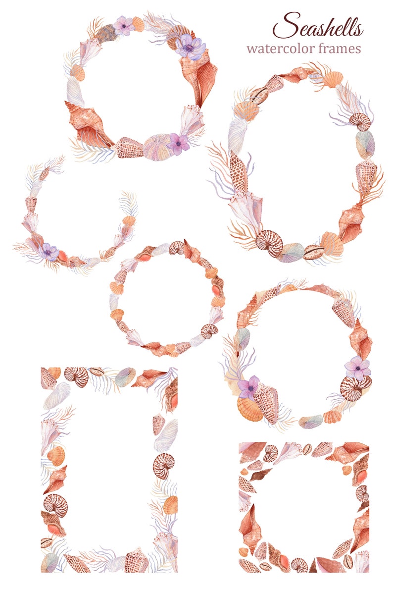 Seashell Watercolor Wreaths Frames Nautical Clipart Beach - Etsy
