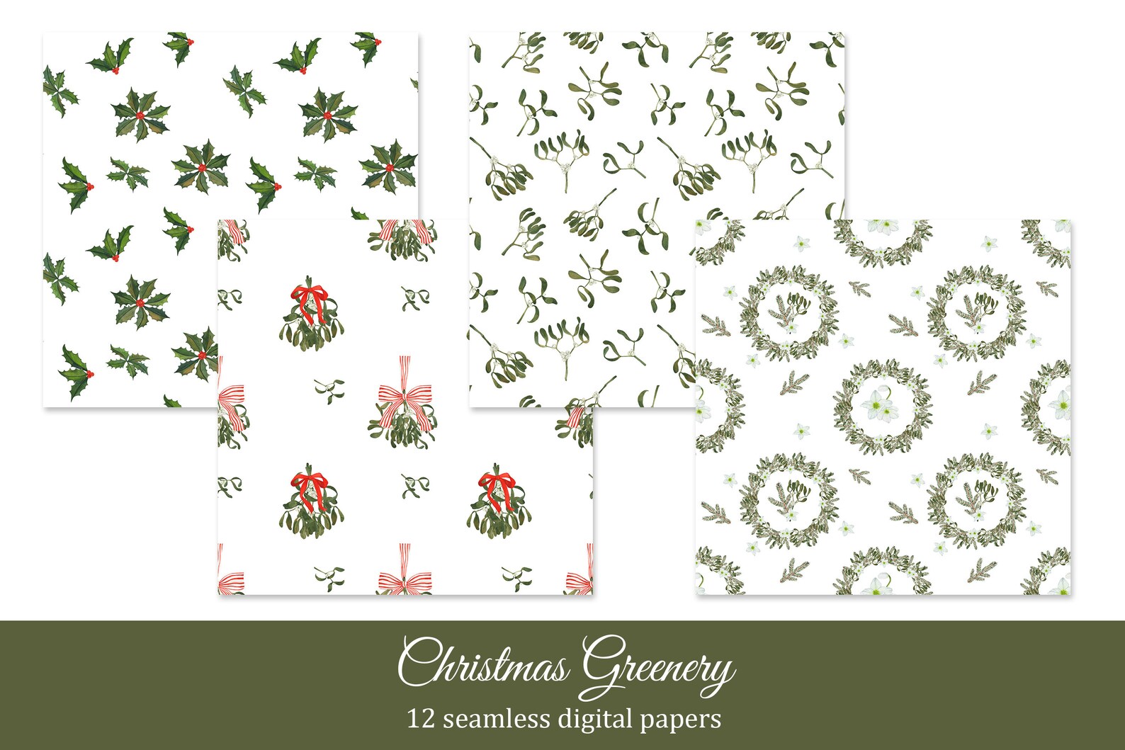 Christmas Floral Digital Papers Pack, Winter Greenery and Flowers ...