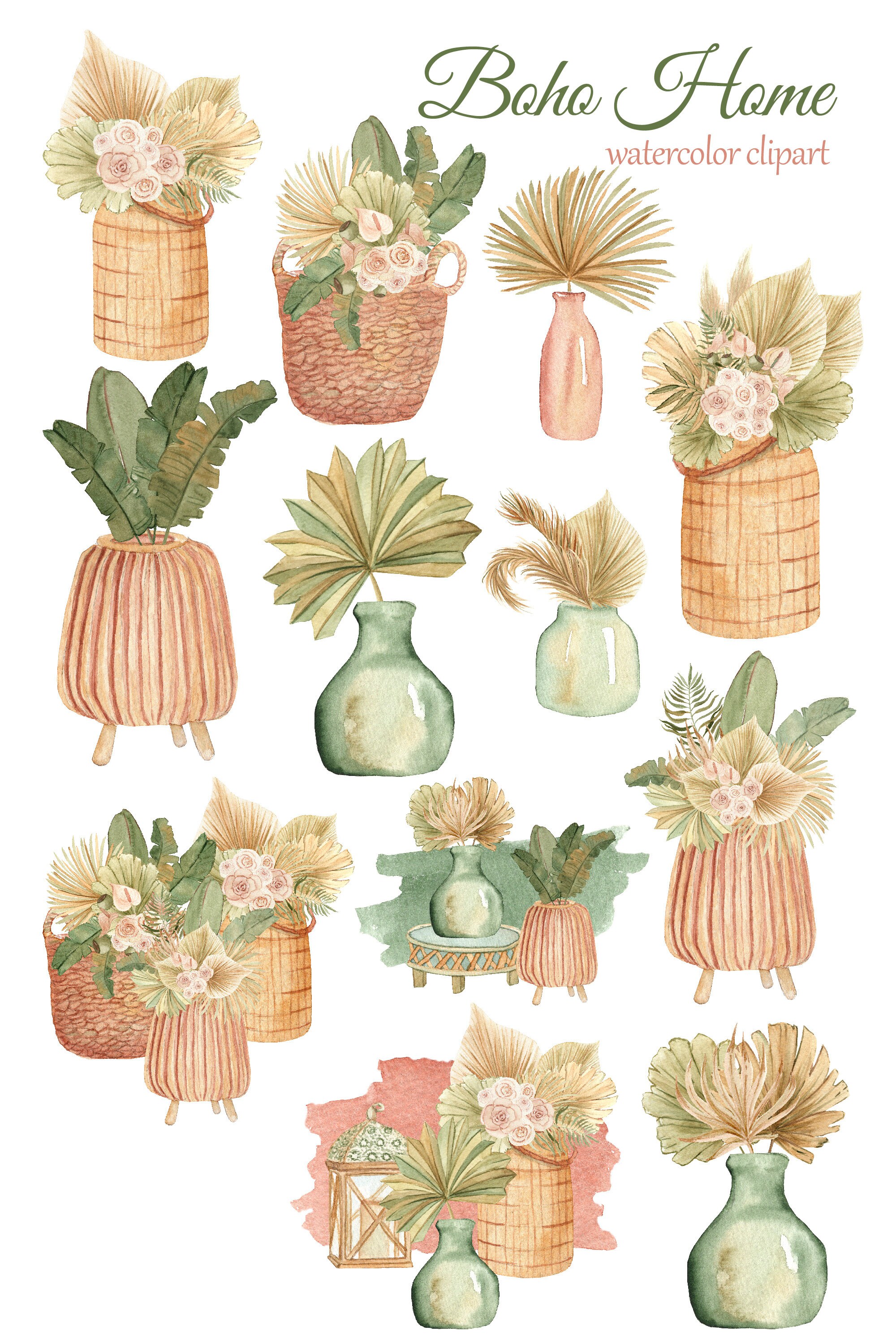 Boho Indoor Plants Watercolor Clipart. Dried Tropical Flowers - Etsy