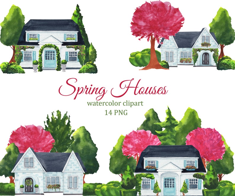 Spring House Watercolor Clipart Sweet Home PNG Scene - Etsy