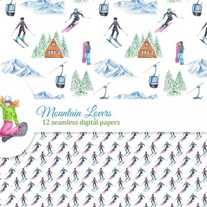 Skiing and Snowboarding Digital Papers Pack, Winter Seamless Pattern ...