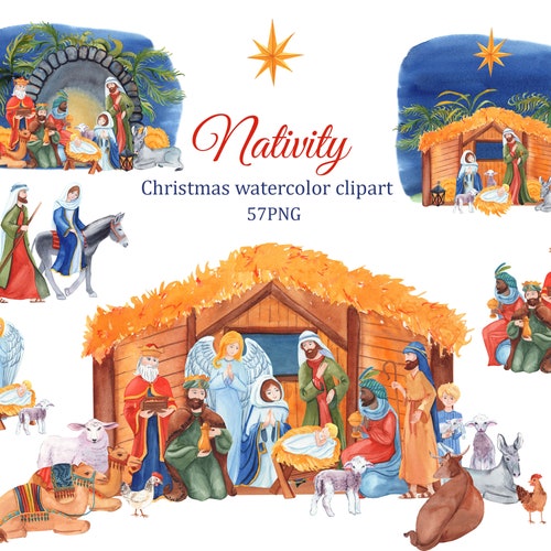 Nativity Christmas Clipart Watercolor Scene Creator - Etsy