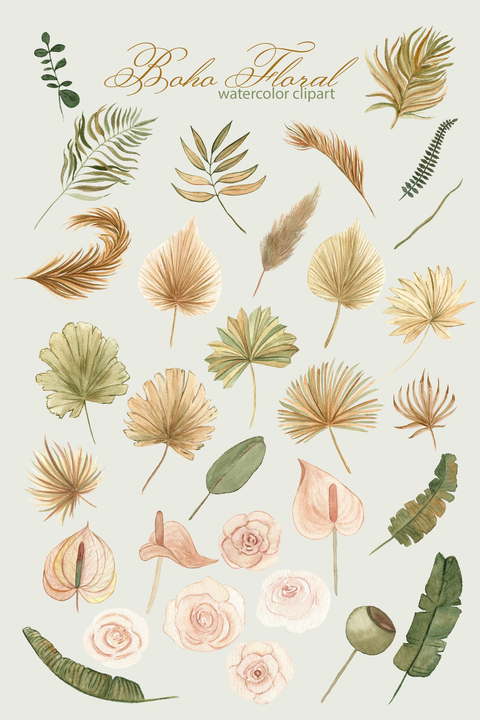Boho Floral Clipart. Watercolor Dried Palm Leaves and Flowers - Etsy