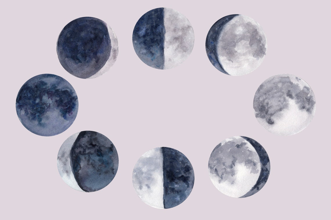 Moon Phases Watercolor Clipart Lunar Cycle Celestial Clip - Etsy