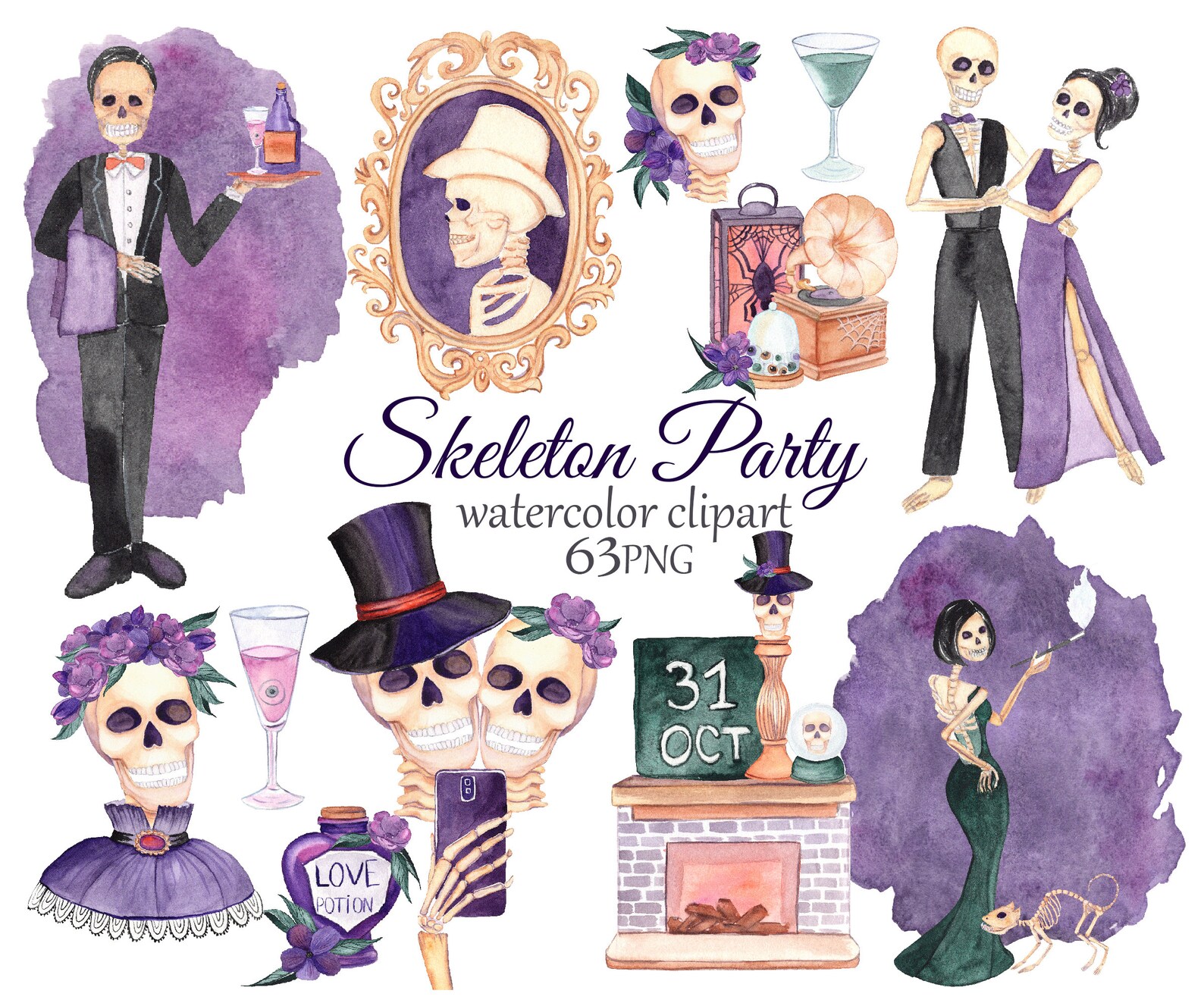 Skeleton Clipart. Halloween Party. Watercolor Skull Clipart. - Etsy
