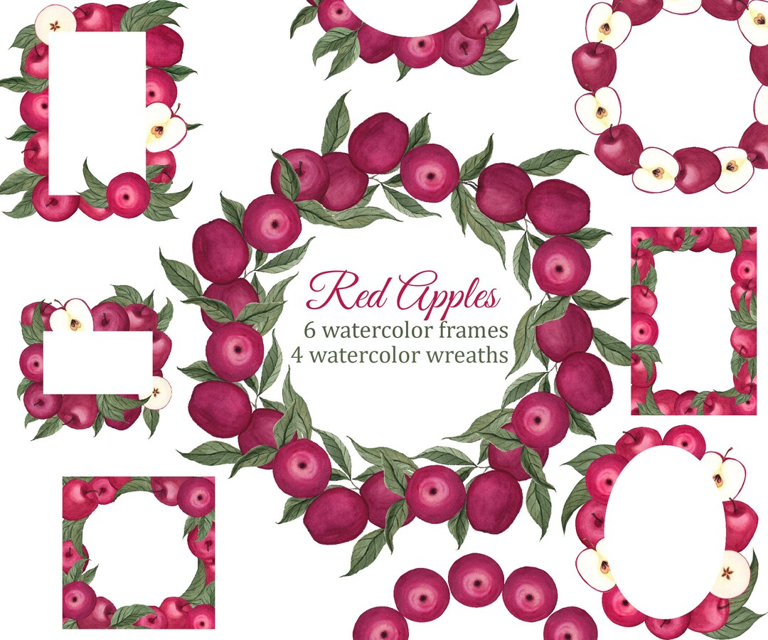 Watercolor Apple Frames and Wreath Clipart. Harvest PNG, Autumn Wedding ...