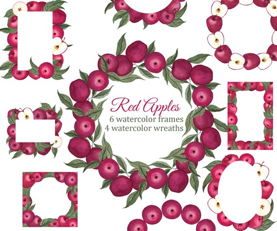 Watercolor Apple Frames and Wreath Clipart. Harvest PNG | Etsy