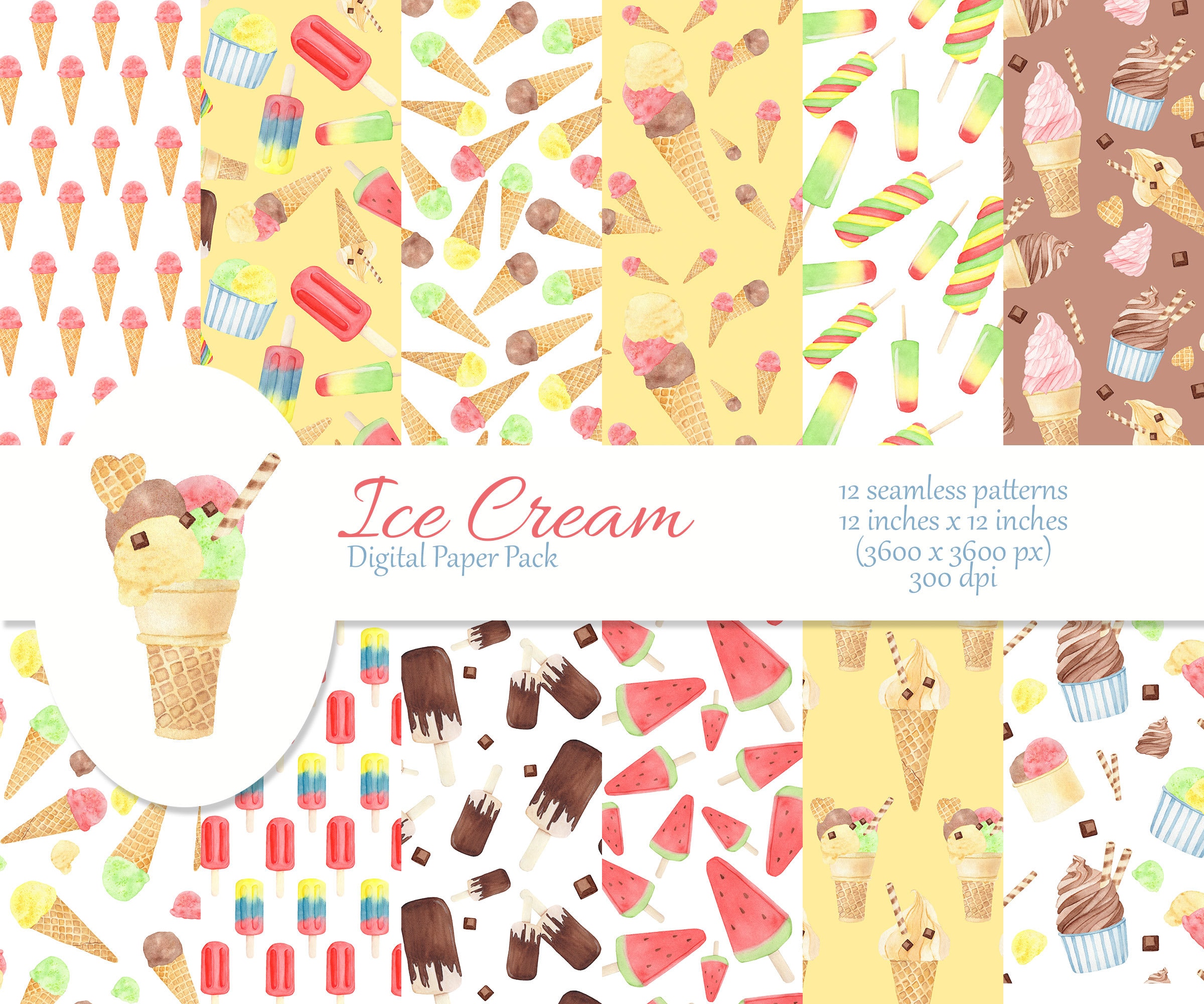 Watercolor Ice Cream Digital Paper. Popsicle Seamless Pattern ...