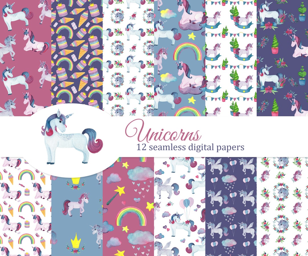 Unicorns Digital Papers Set, Seamless Pattern, Rainbow, Hearts, Stars ...