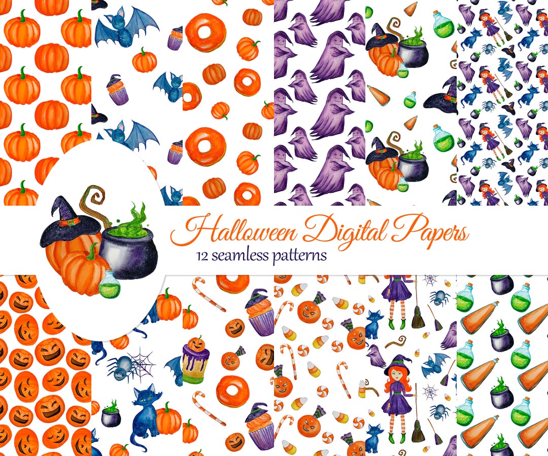 Halloween Digital Papers With Cute Witch, Ghost, Cat, Pumpkins ...
