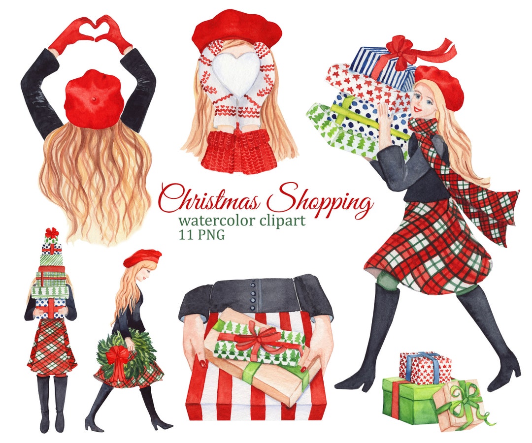Christmas Shopping Girl Clipart, Christmas Gifts, Watercolor Fashion ...