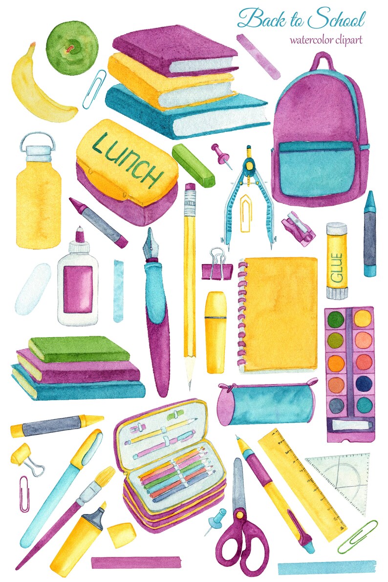 Back to School Clipart. Watercolor School Supplies - Etsy