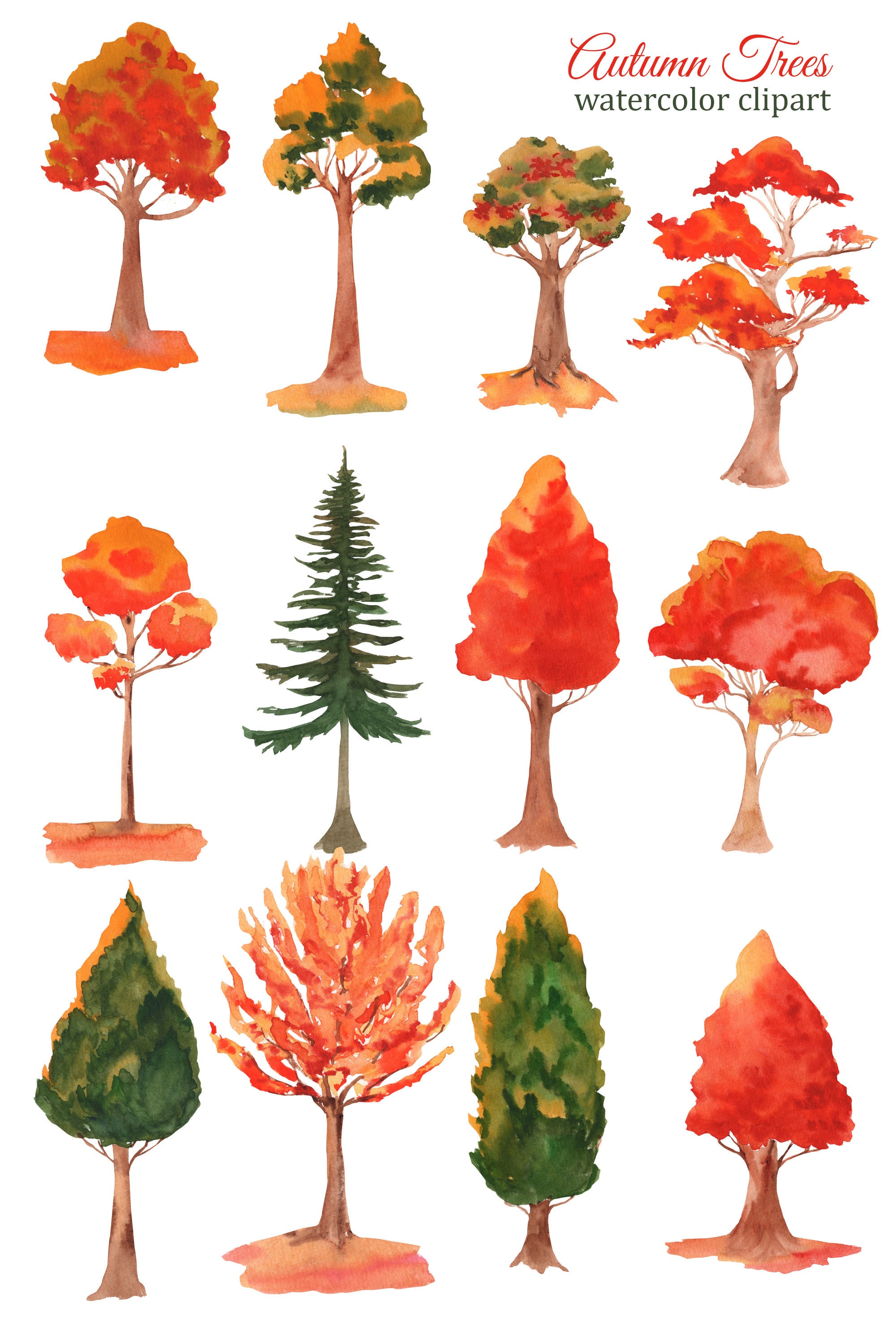 Watercolor Autumn Houses Clipart Fall Tree Clipart Fall - Etsy