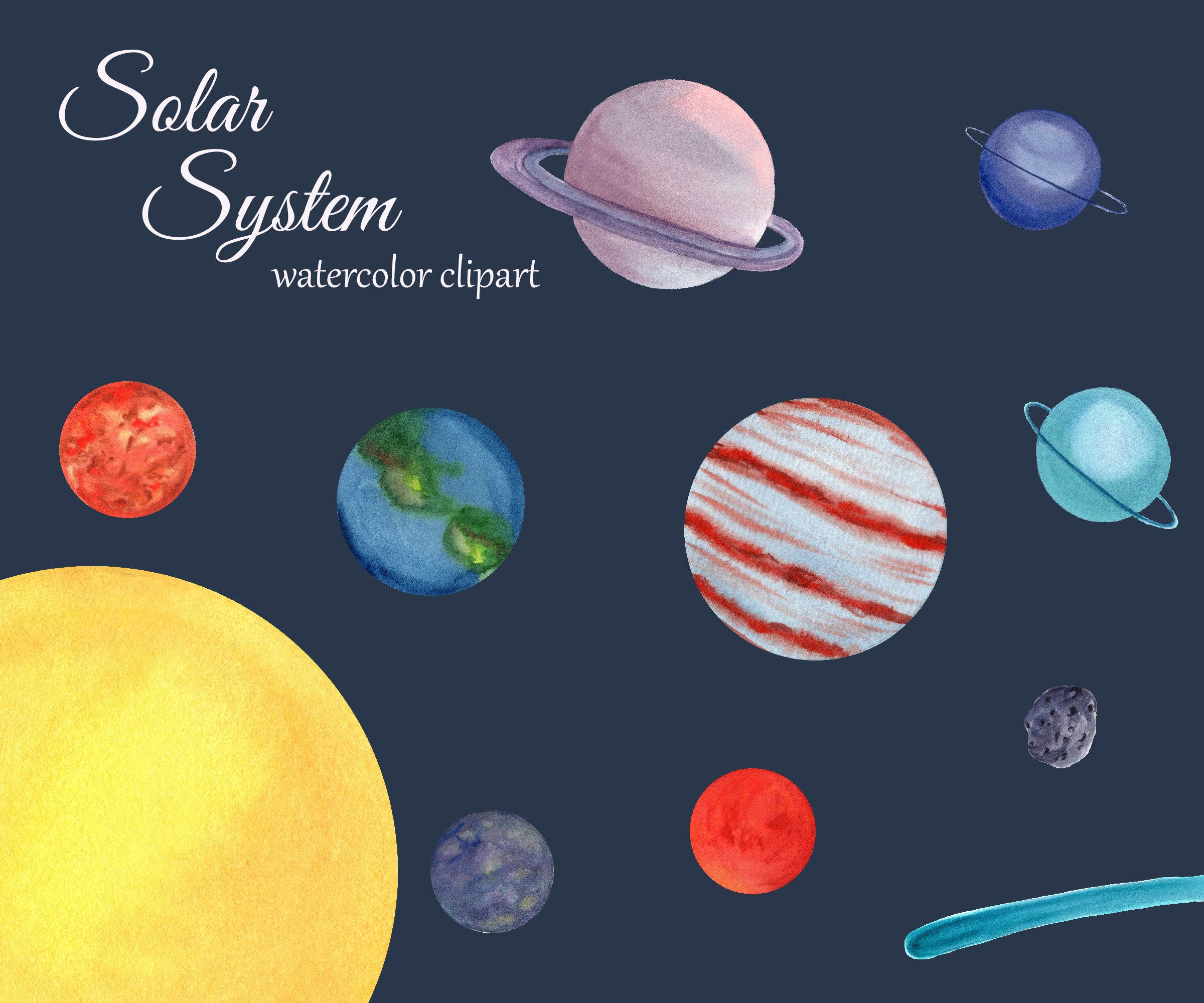 Solar System Watercolor Clipart, Planets, Space Clip Art - Etsy