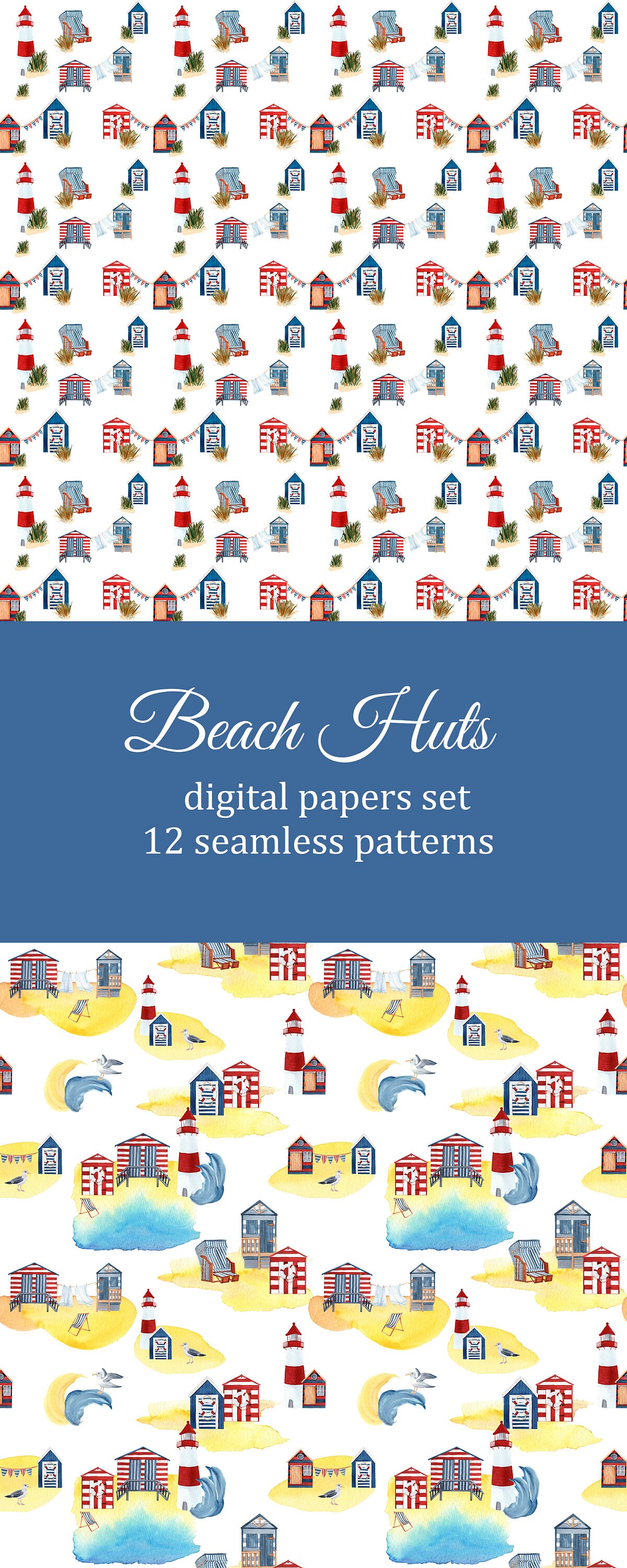 Beach Huts Digital Papers Set, Ocean Seamless Pattern, Nautical ...
