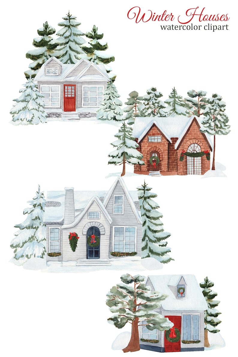 Watercolor Winter House Clipart Christmas Tree PNG Christmas - Etsy