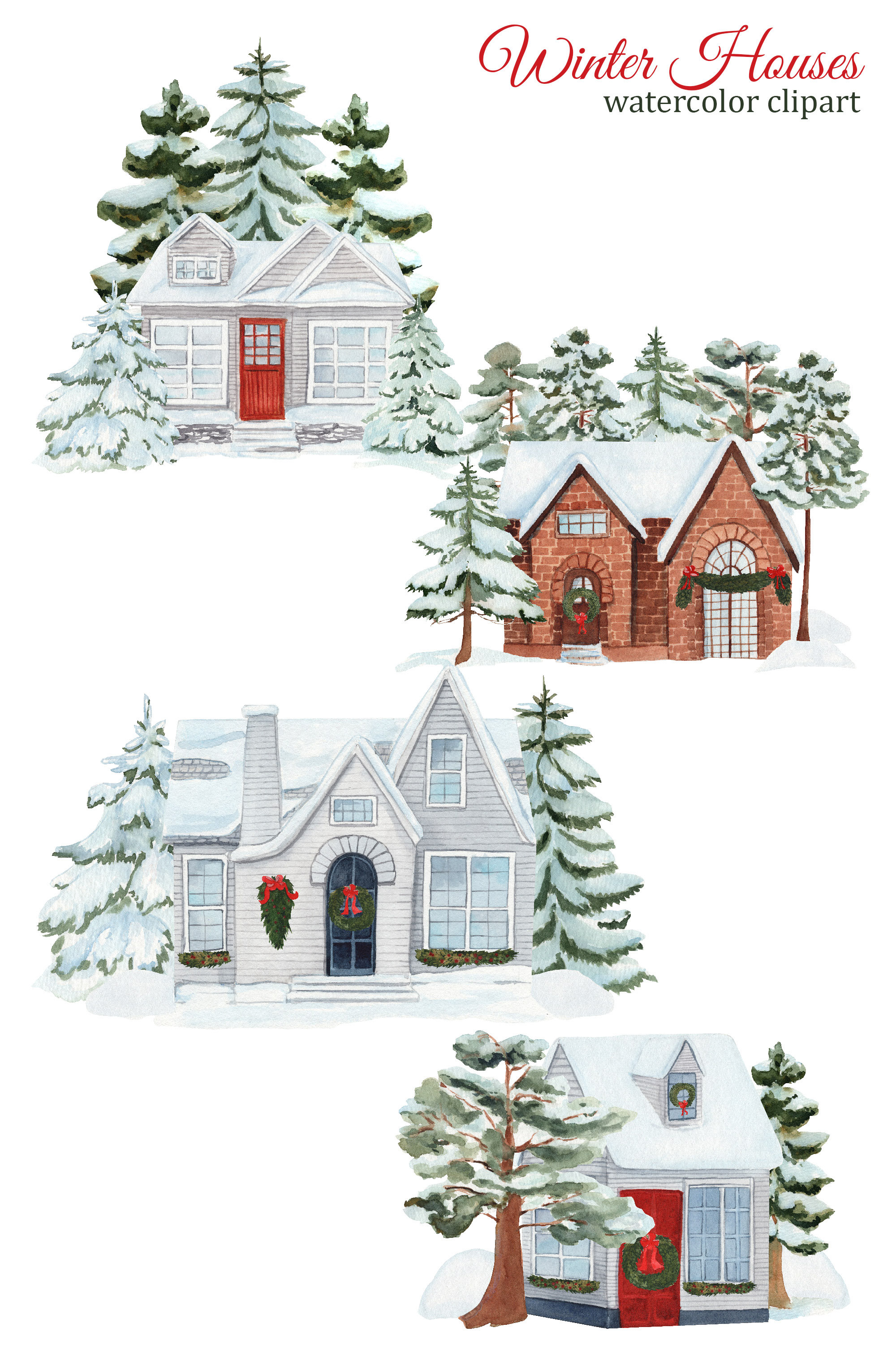Watercolor Winter House Clipart Christmas Tree PNG Christmas | Etsy