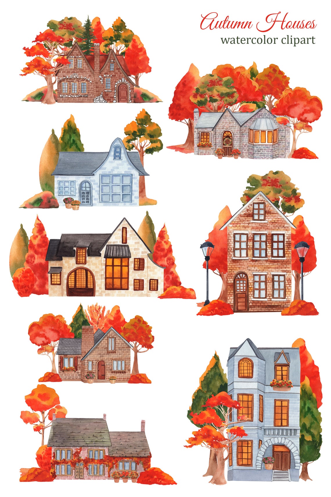 Watercolor Autumn Houses Clipart Fall Tree Clipart Fall - Etsy