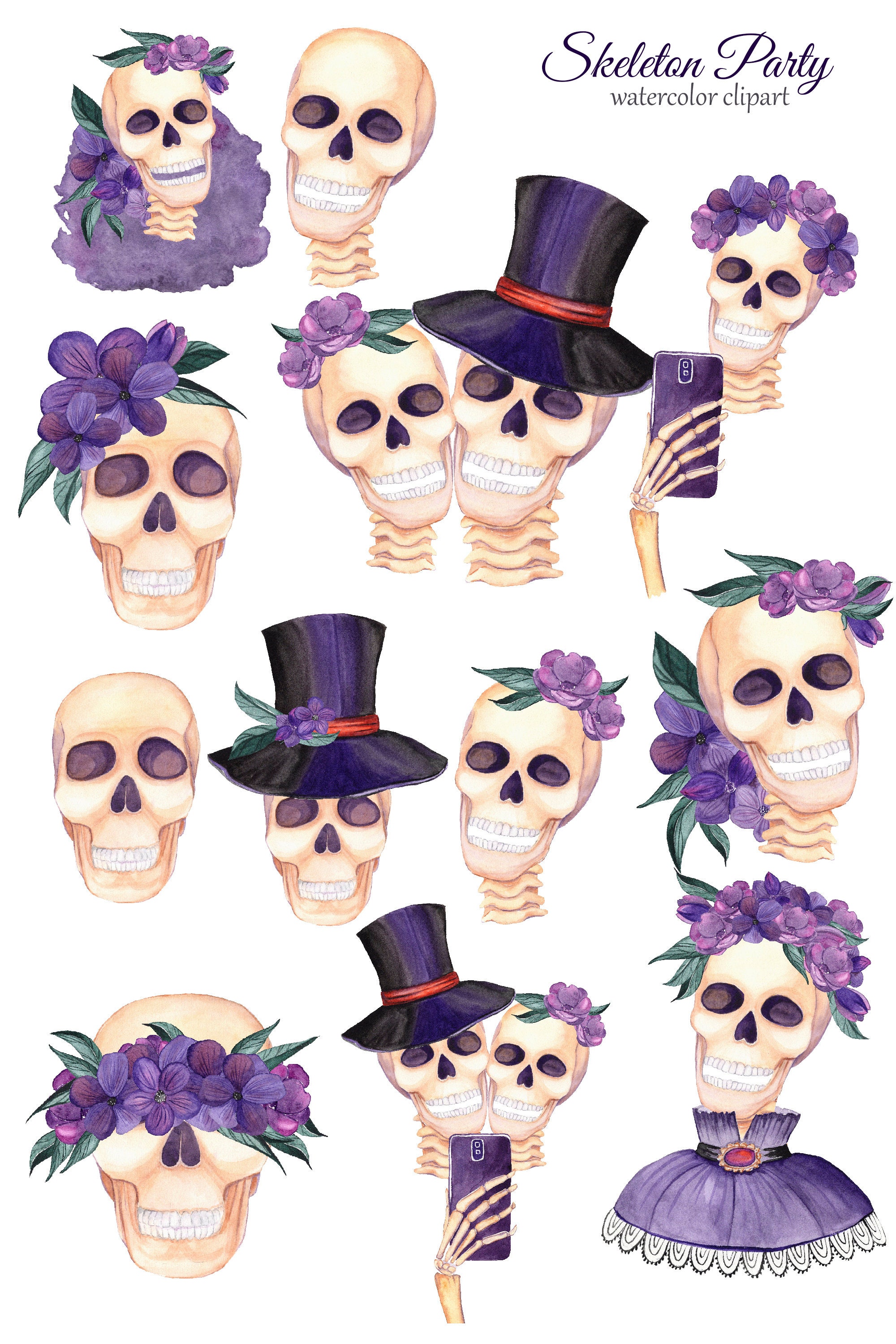 Skeleton Clipart. Halloween Party. Watercolor Skull Clipart. - Etsy