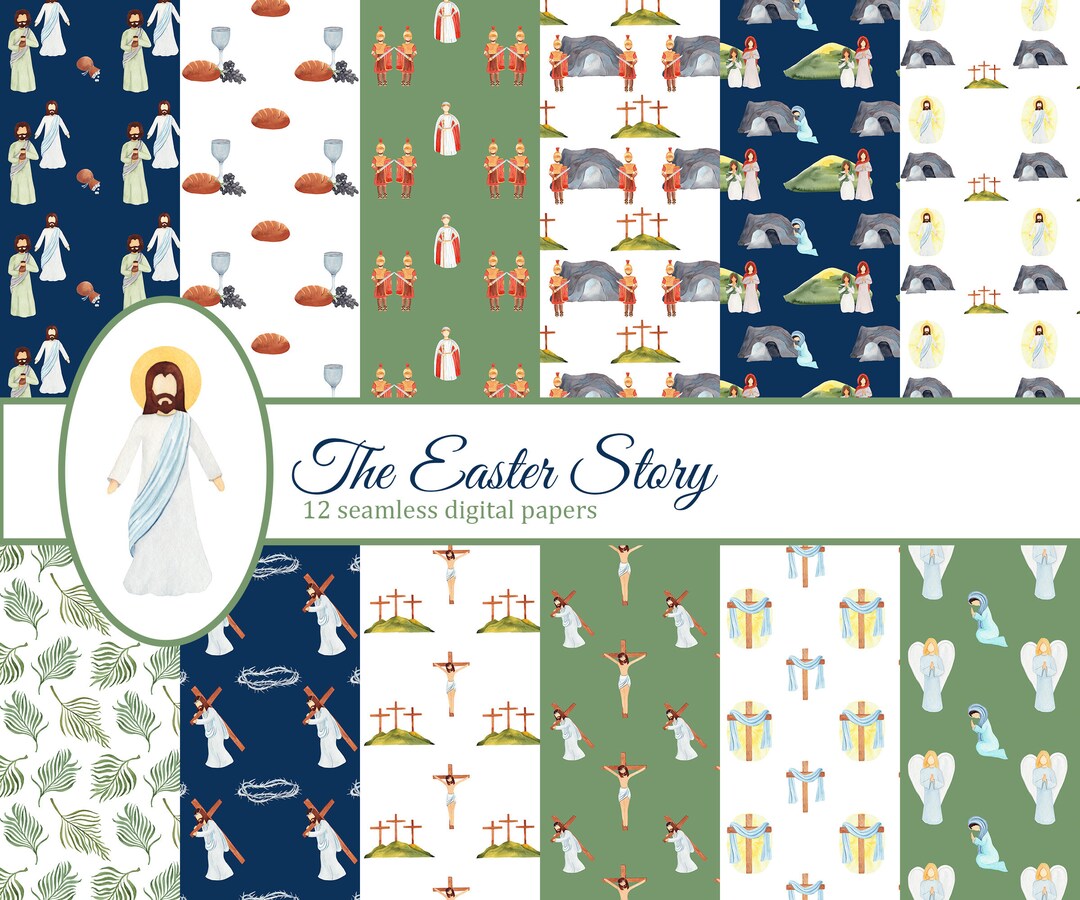 The Easter Story Digital Paper Set, Religious Seamless Pattern, He is ...
