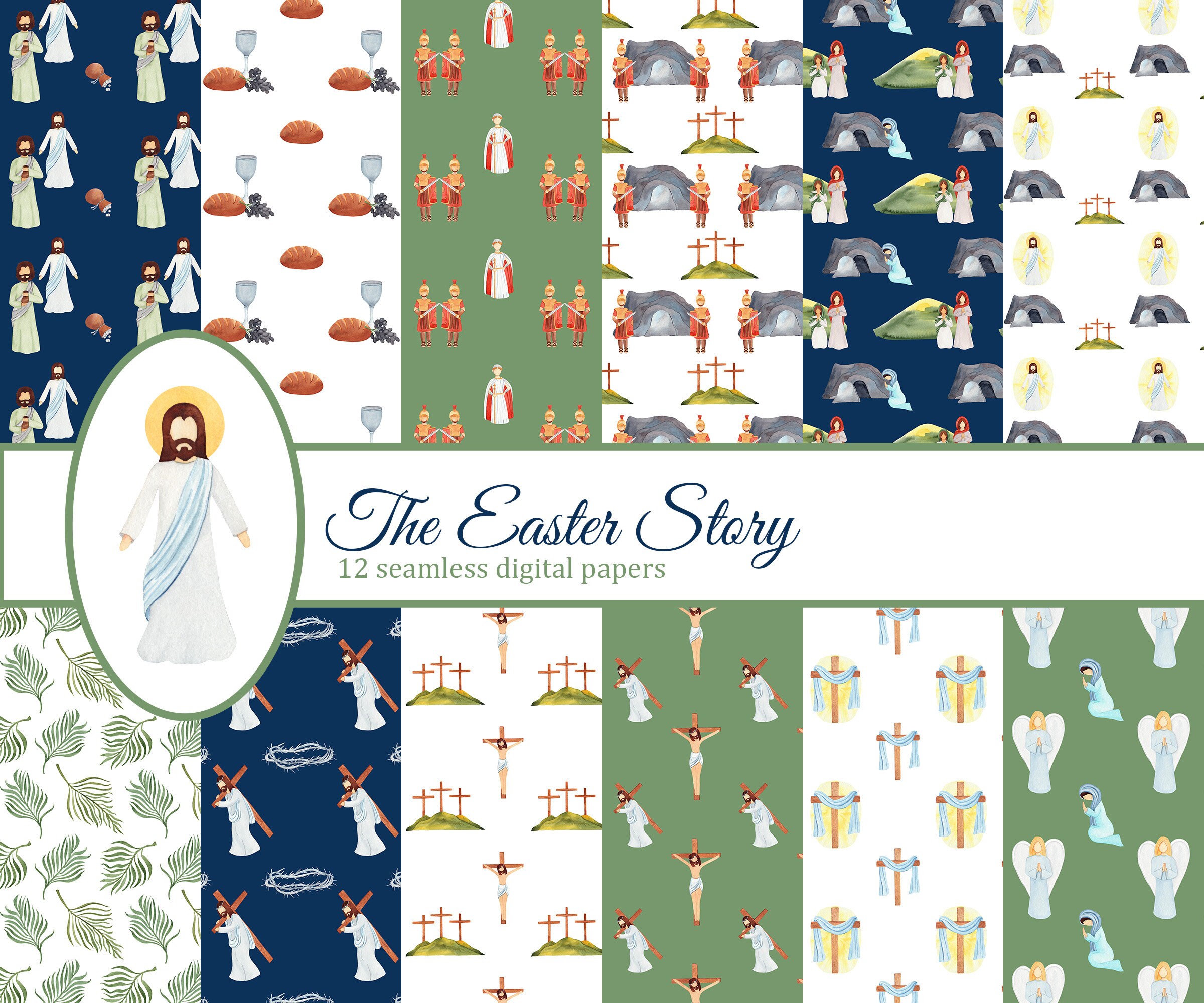 The Easter Story Digital Paper Set, Religious Seamless Pattern, He is ...