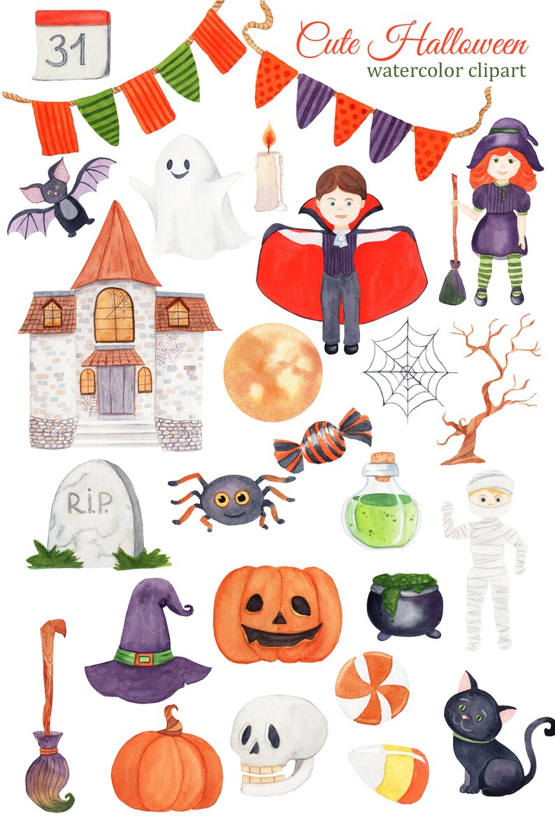 Cute Halloween Watercolor Clipart Halloween Costume Party - Etsy