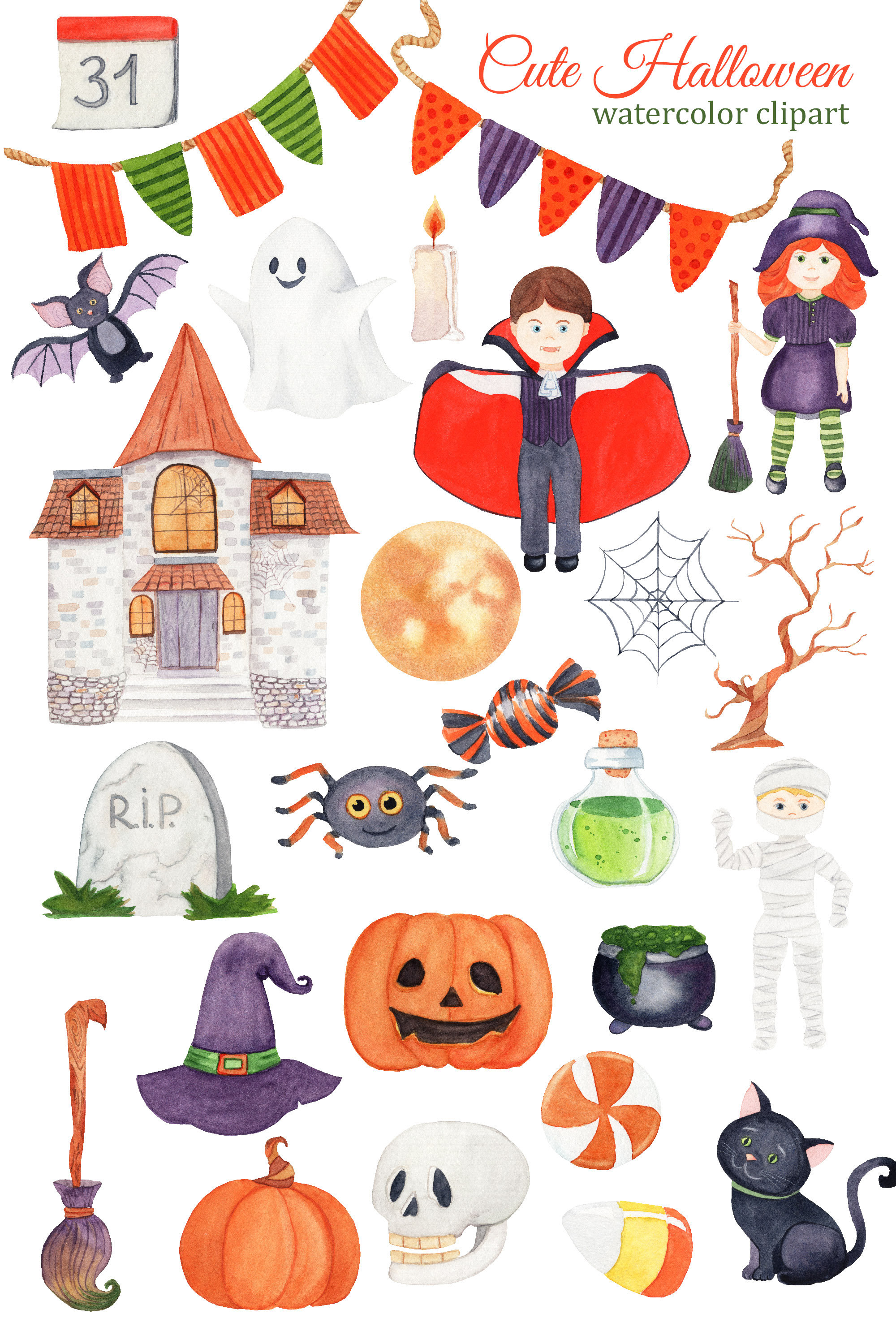 Cute Halloween Watercolor Clipart Halloween Costume Party - Etsy