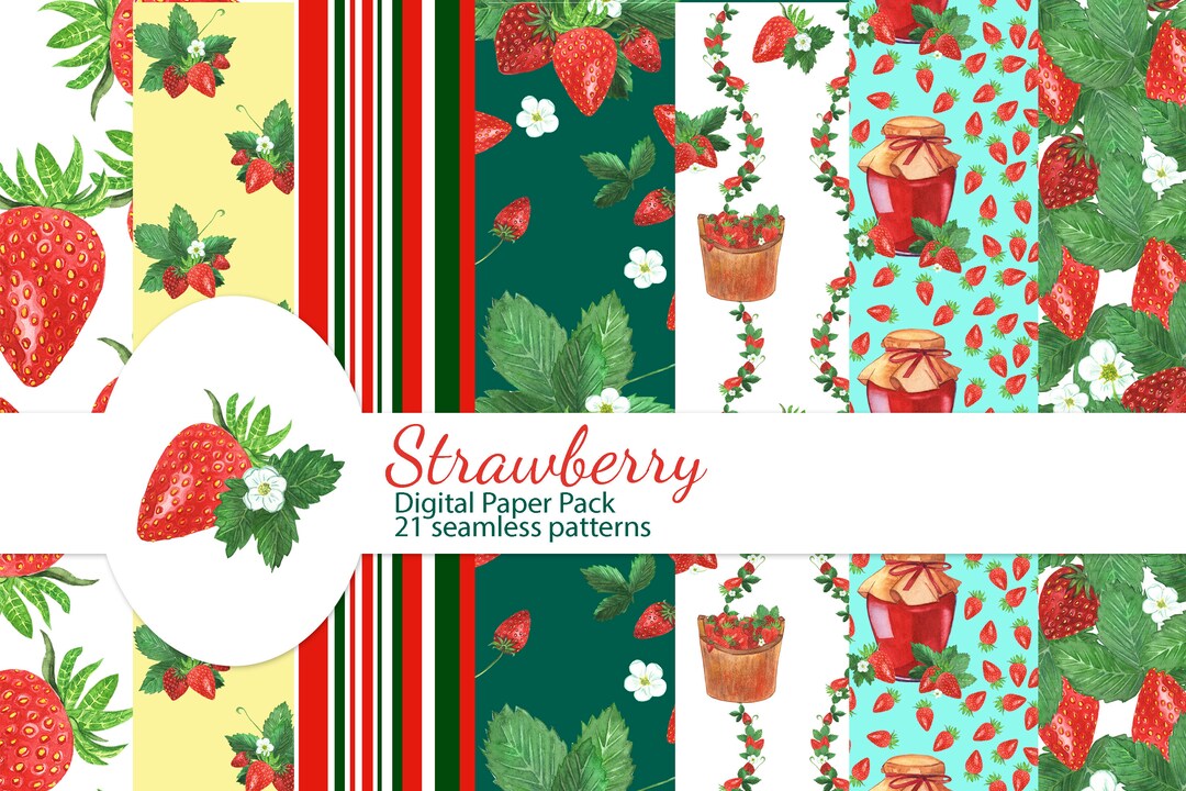 Strawberry Digital Paper Pack, Strawberry Summer Scrapbook Set, Fruit ...