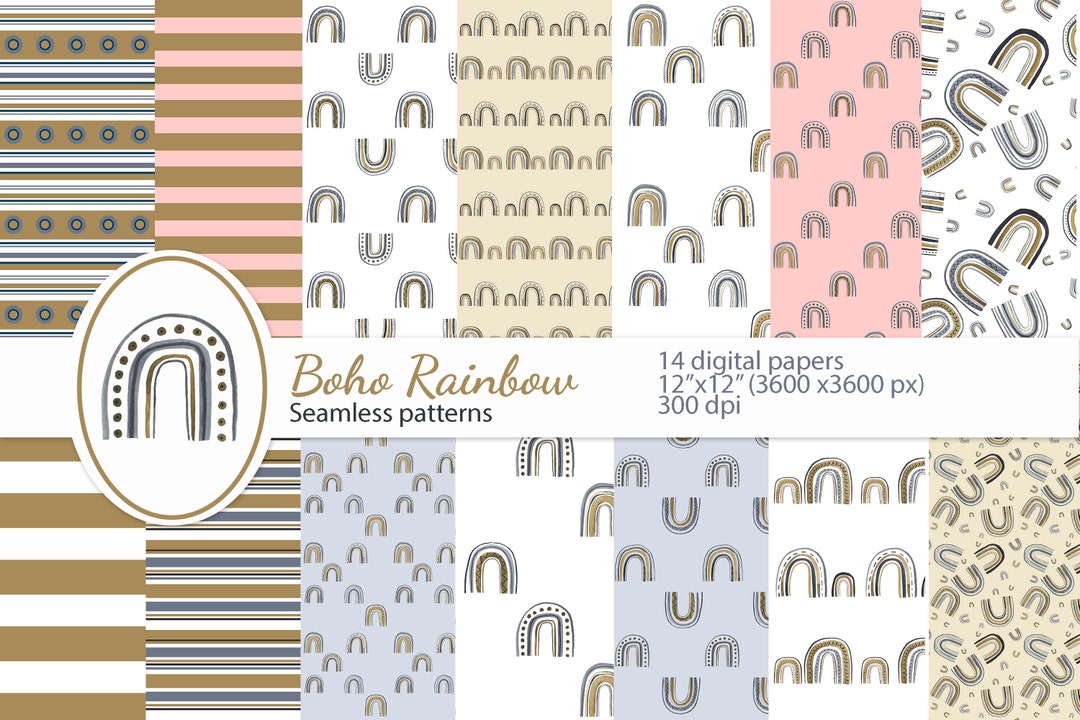 Boho Rainbow Digital Paper Pack, Watercolor Boho Rainbow Print, Baby ...