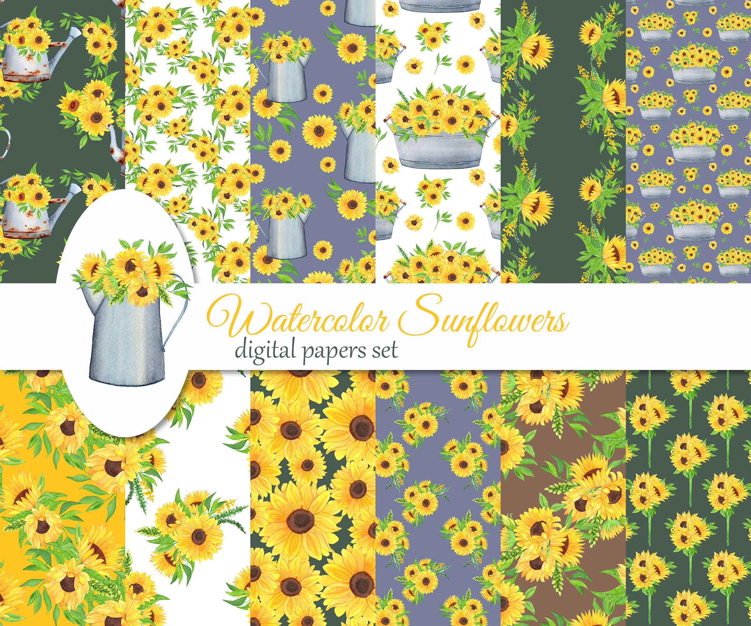 Sunflowers Digital Paper Pack. Watercolor Scrapbook Paper - Etsy