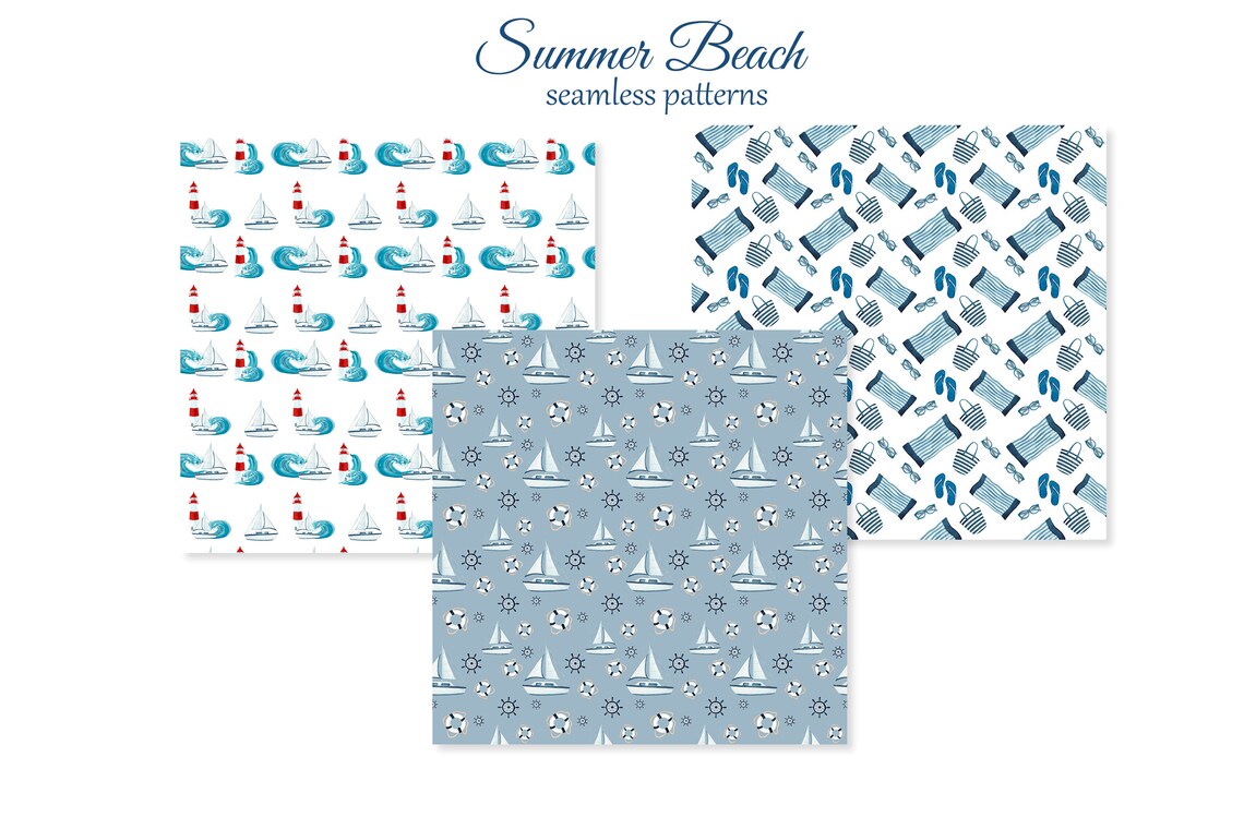 Beach Digital Paper Kit Summer Seamless Patterns Nautical | Etsy