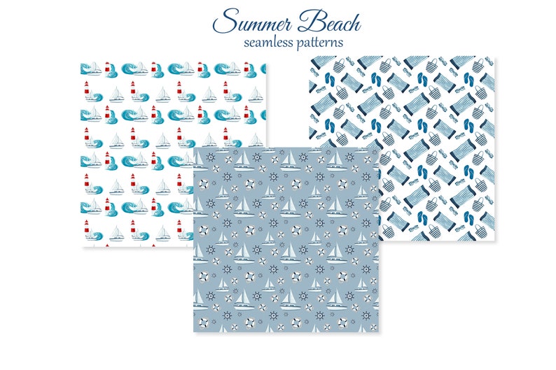 Beach Digital Paper Kit Summer Seamless Patterns Nautical - Etsy
