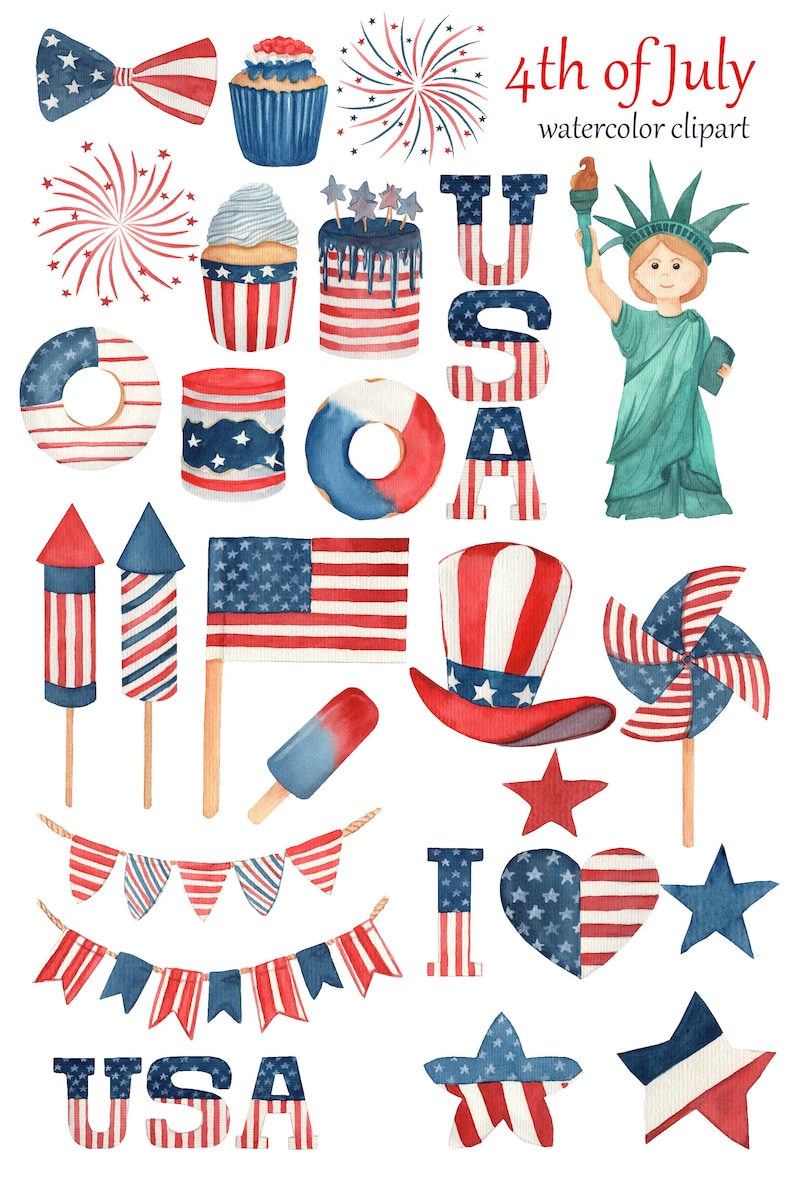 4th of July Watercolor Clipart Independence Day PNG USA - Etsy