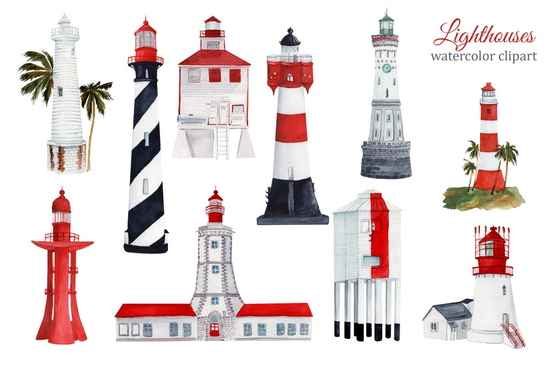 Watercolor Lighthouses Clipart Lighthhouse PNG Summer Travel - Etsy