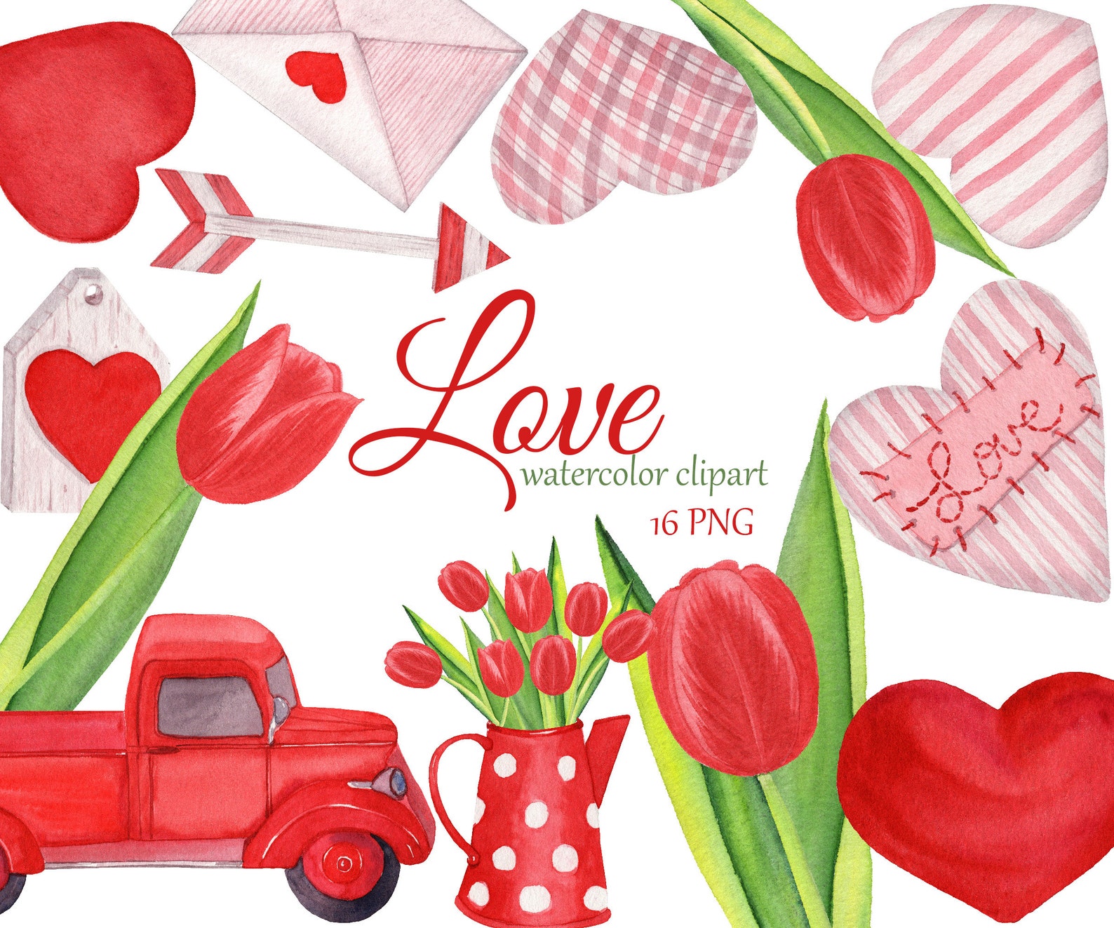Love Clipart, Hearts Png, Watercolor Valentines Day Clipart, Red Truck ...