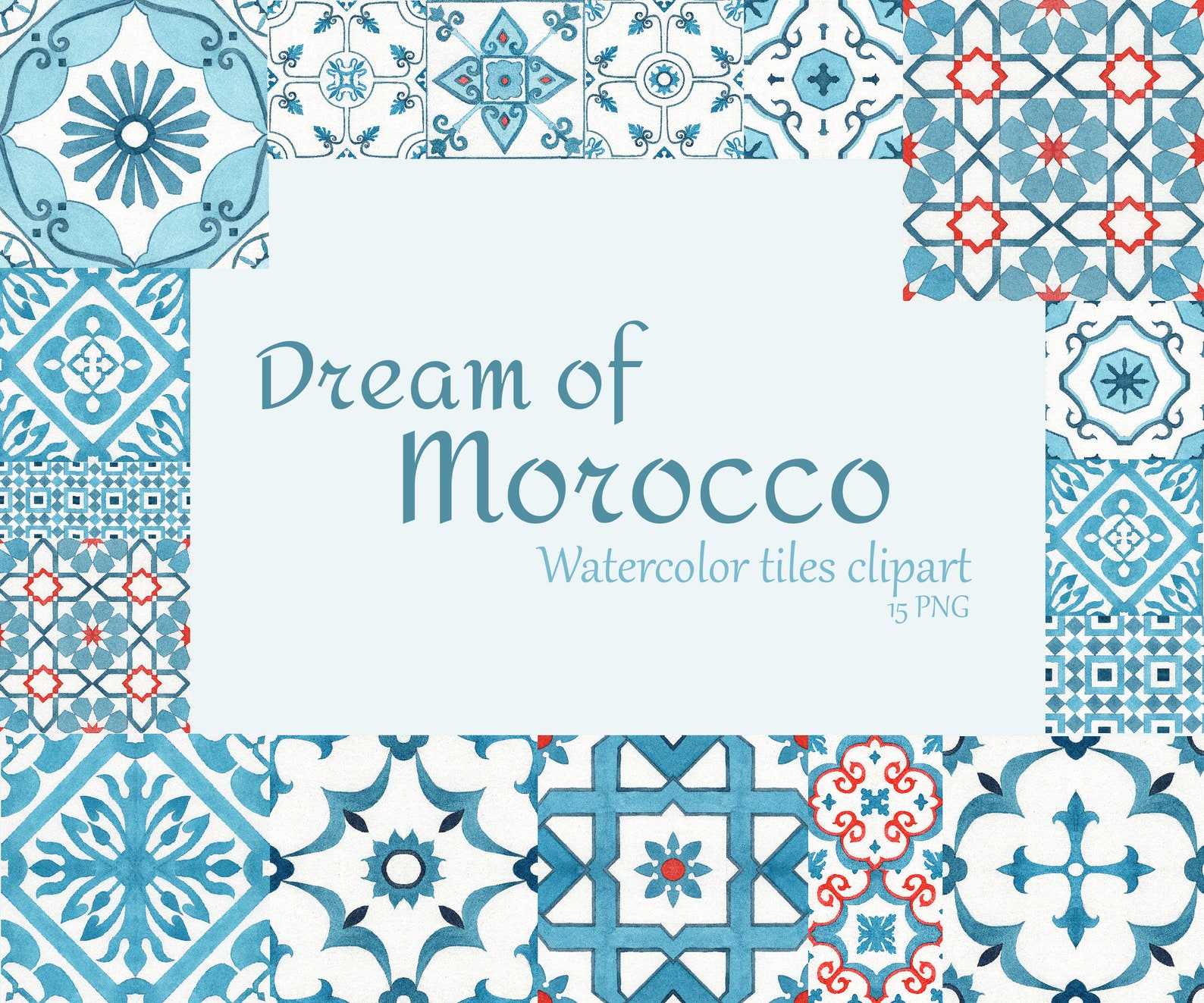 Watercolor Moroccan Tiles Clipart. Mosaic Tiles of Morocco. Wedding ...